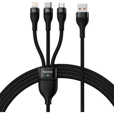 Cable USB a USB-C / Lightning / micro USB 3 en 1 de 1,2 m, color negro