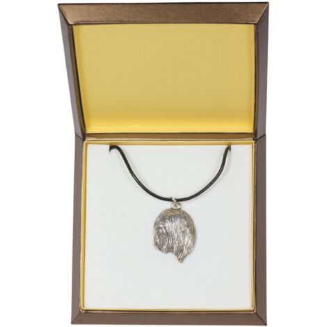 Lhasa Apso: un collar con un perro en una caja de regalo, un medallón ...