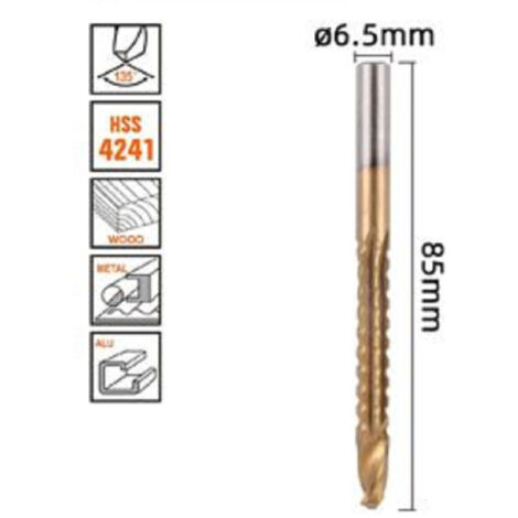Kaela - Punta Trapano Elicoidale ø6.5mmx85mm In Titanio Hss 4241 Per Metallo Legno 57151