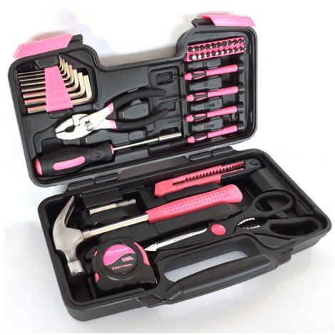 39 Piece Pink Tool Box for Women, Complete and Portable DIY Set with ...