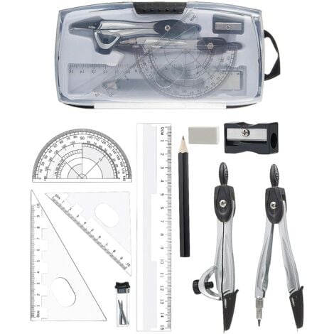 10 Piece Geometry Set - Ruler, Protractor, Compass, Pencil, Refills ...