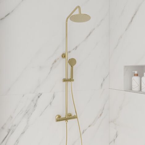 Round Brushed Brass Thermostatic Shower Kit with Fixed Head and Handset