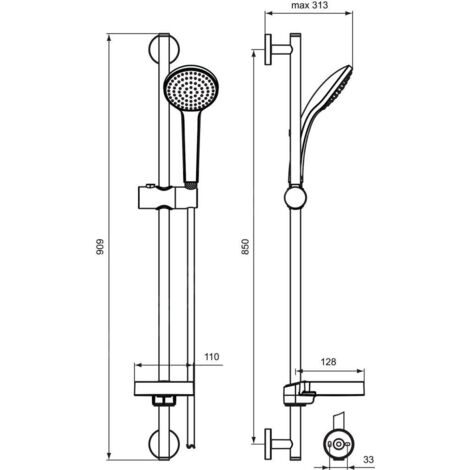 Ideal Standard Idealrain - Ensemble de douchette à main, 1 jet, barre et flexible, chrome B9414AA