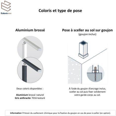 Balustrade en aluminium 3m barrière de protection à sceller au sol ...