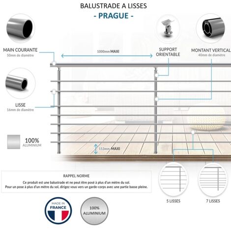 Garde-corps aluminium, 1m pose à visser au sol, intérieur et extérieur ...