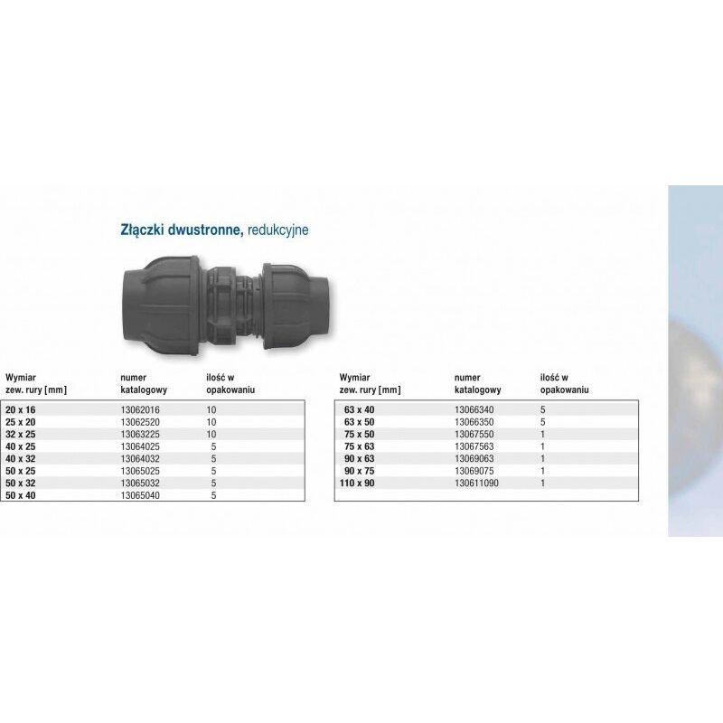 Raccord à compression PP 63x50 PN16, pour tubes PE, noir