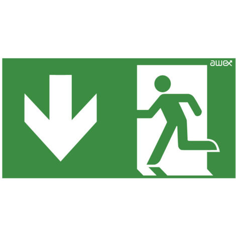 Pictogramme DIRECTION SORTIE DE SECOURS VERS LE BAS, côté gauche, 150x300mm