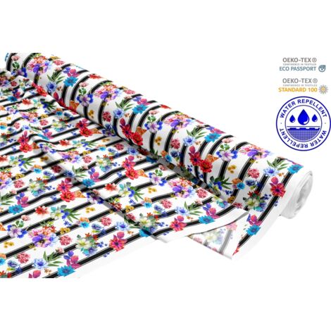 TISSUS DÉCORATIFS D'EXTÉRIEUR OXFORD - Motif fleurs des champs sur les rayures I DR094