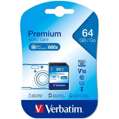Carte mémoire SDXC Verbatim Premium U1 64 Go (90 Mo/s) Classe 10 UHS-1 V10