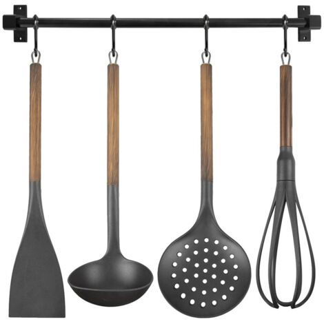 Rambarde de cuisine avec ustensiles de cuisine, métal, noir, 5 pièces.