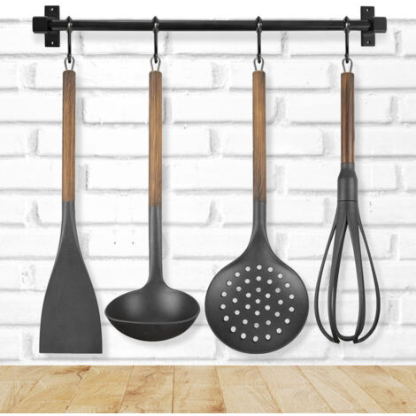 Rambarde de cuisine avec ustensiles de cuisine, métal, noir, 5 pièces.