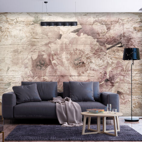 Papier peint photo masquer imperfections mur fleurs planches bois ...