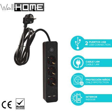 Well Home Regleta de 3 vías color negro con protección para niños, con ...