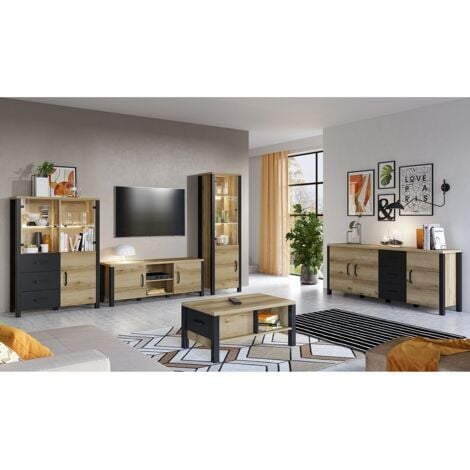 Set di 5 mobili da salotto collezione DARWIN. Colore quercia chiara e nero.