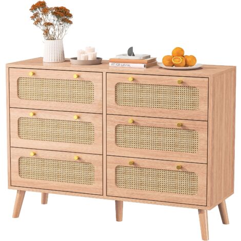 Cómoda de ratán con 6 cajones - pies de madera maciza, asas de metal ...