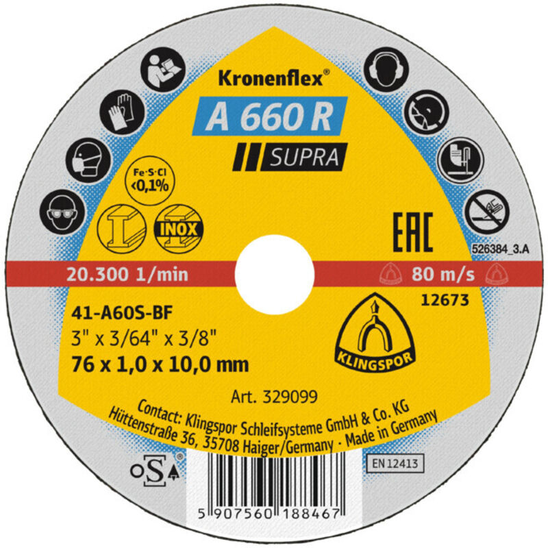 Petit disque de coupe Klingspor A 660 R 76 x 1,6 x 6 mm droit 40 pièces