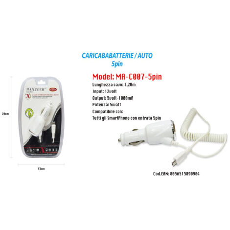 Caricateur Usb Par Car Portatile Ricarica Smartphone 5pin 5v-1000ma ...