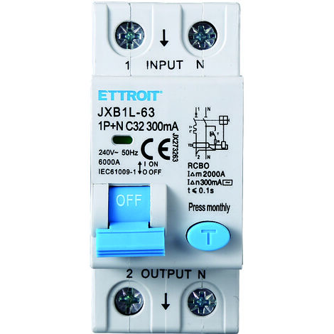 INTERRUPTOR MAGNETOTÉRMICO DIFERENCIAL PARA CARRIL DIN 2 MÓDULOS 1P+N 32A C32 240V 300mA 6KA