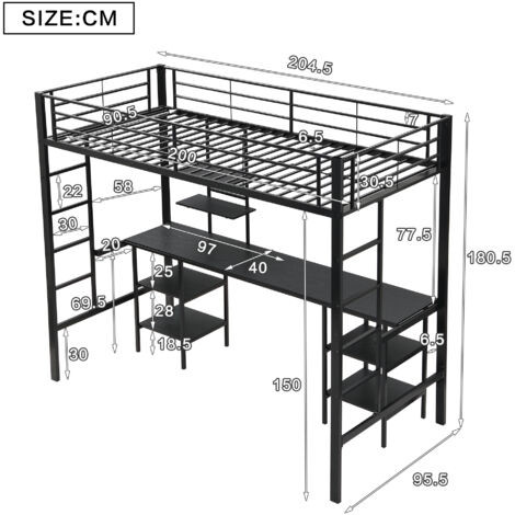 Camas altas individuales de 90 x 200 cm para niños con escritorio y ...