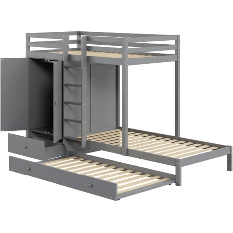 Litera 90x200 cm, Incluye cama nido adicional, Con armario, cajones y compartimentos de ...