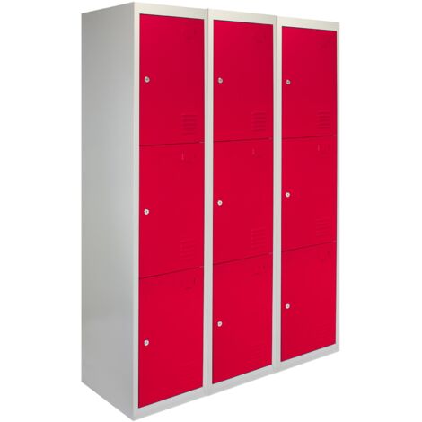 3 x Metal Storage Lockers - Three Doors, Red - Flatpack