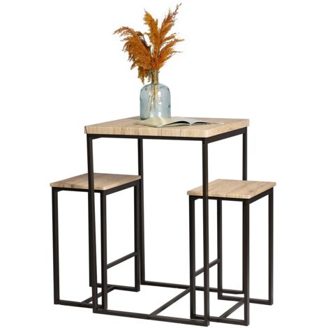 Hoher Tisch mit 2 Hockern – DARYL – Eiche und schwarzes Metall