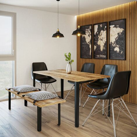 "Table à manger rectangle DECO-GEM, 6 pers. Décor chêne vieilli. 4 pieds ""Jaspe"" acier marron ...