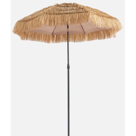 Parasol exótico recto de acero, imitación madera y paja
