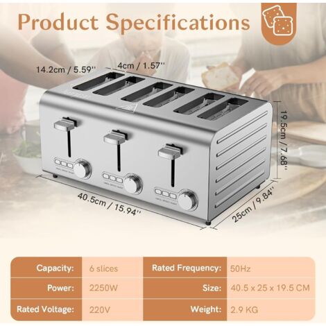 6 Slice Toaster, 2250W Commercial Auto Pop-Up Stainless Steel Toasters ...