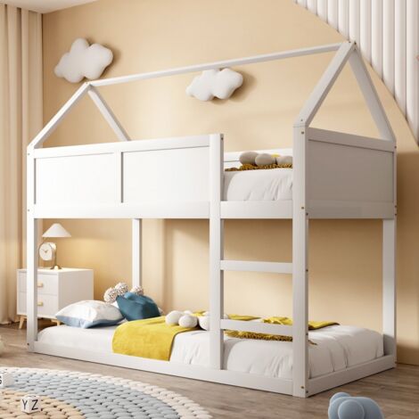 Lit superposé enfant bas 90x200 - Cadre en bois massif - Escalier ...