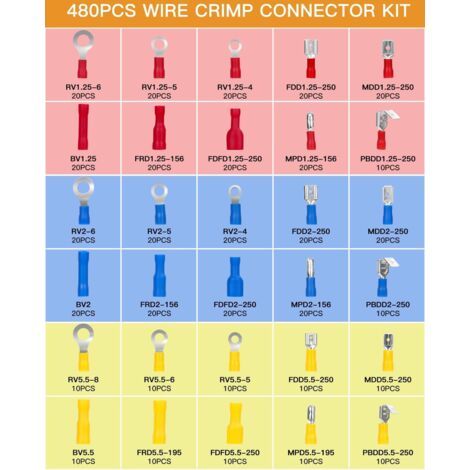 480 Pièces Cosses a Sertir Electriques,30 Types Cosses Electriques a Sertir avec Coffret D ...