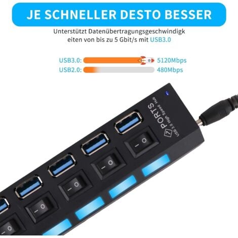 Hub USB 3.0 à 7 ports : répartiteur USB 3.0 avec interrupteur d ...