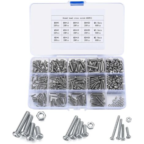 480 Pièces Ensemble d'écrous et Boulons, M2/M3/M4 Jeu de Vis et écrous à Tête Ronde Acier Inox ...