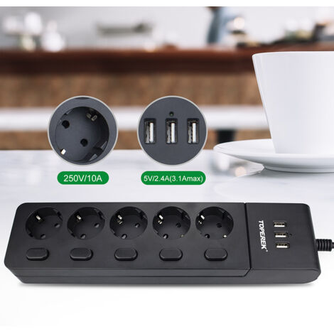 Regleta TOPEREK UE con USB, 10 A, 2500 W, cable de 2 m, PC V-0 ...