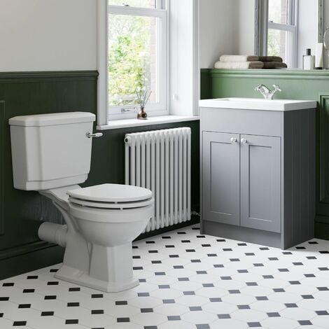 Traditional Cloakroom Suite Close Coupled Toilet WC Grey Vanity Unit ...