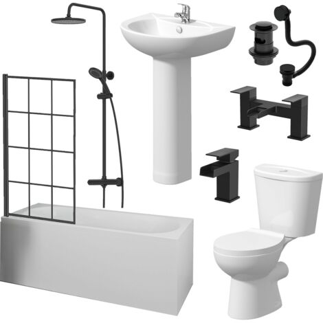 Aquari Complete Bathroom Suite Black Bath Shower Screen Basin Pedestal ...