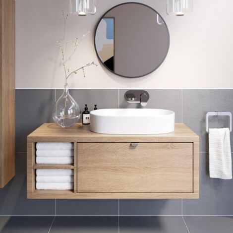 Bathroom Oak Wall Hung Vanity Unit and Basin Sink Cabinet Storage ...