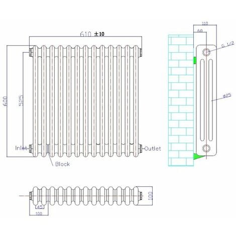 600 x 605mm Triple Bar Horizontal Traditional Colosseum White Column ...