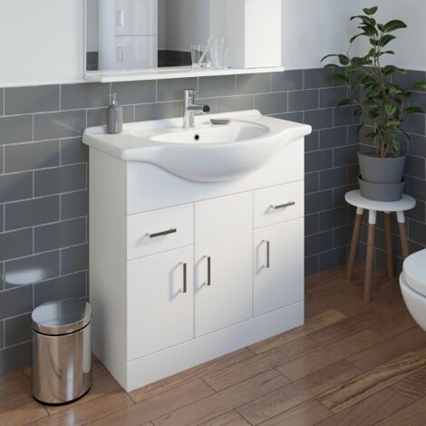 Gloss White Bathroom Vanity Unit and Basin Sink 850mm with Misi Tap & Waste