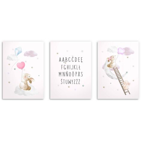 Pósters infantiles Imagen pastel para niño Conejo rosa Alfabeto 30x40