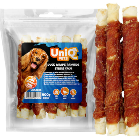 Premios para perros Long Sticks de piel de vacuno con pato UniQ Pets 500g
