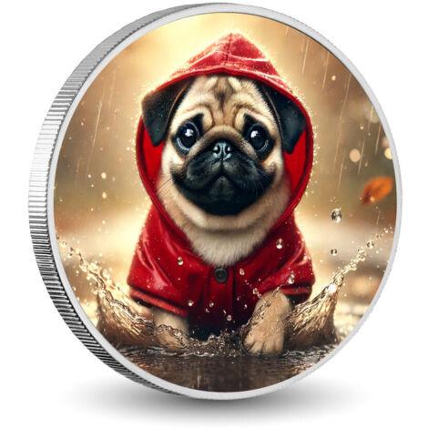 Aventuras en un día lluvioso: Moneda de 1 oz de Puddle Pug en rojo