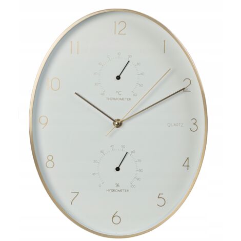 Reloj de pared de oro blanco con termómetro e higrómetro, 27 x 34,5 cm