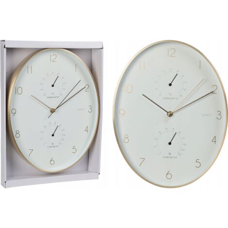 Reloj de pared de oro blanco con termómetro e higrómetro, 27 x 34,5 cm
