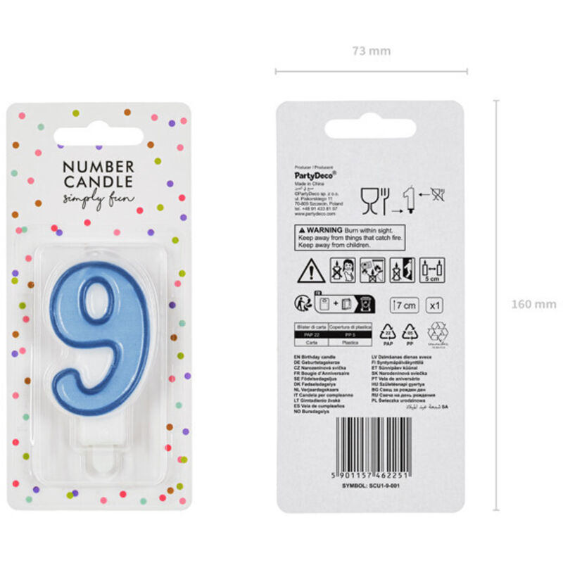 Geburtstagskerze Zahl 9, blau, 7cm (1 Karton / 24 Stk.)