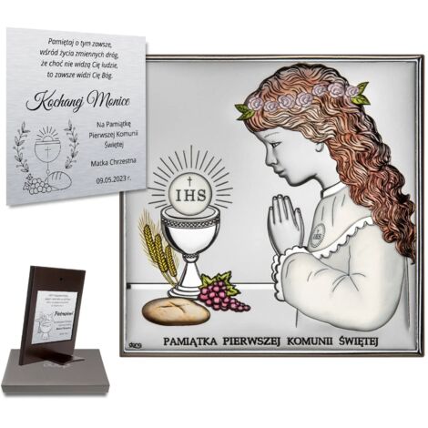 Silberbild Erinnerung an die Erstkommunion mit Mädchen, bunte Gravur DS48-CA 7 x 7 cm