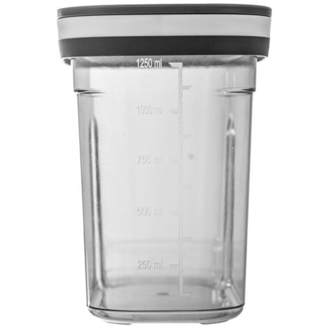 Container with dosing lid and measuring scale for dry goods