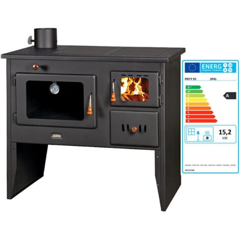 Poêle à bois avec four PRITY 2P41 – 15,2 kW, Noir Graphite, Classe A, Sortie de fumée latérale ...