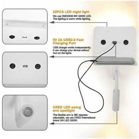 Wandleuchte + LED-Leseleuchte „Slange“ 3W mit USB-Anschluss Schwarz