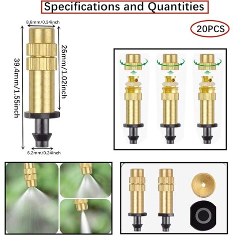 20 boquillas de nebulización ajustables, aspersores de riego de latón, boquillas atomizadoras ...